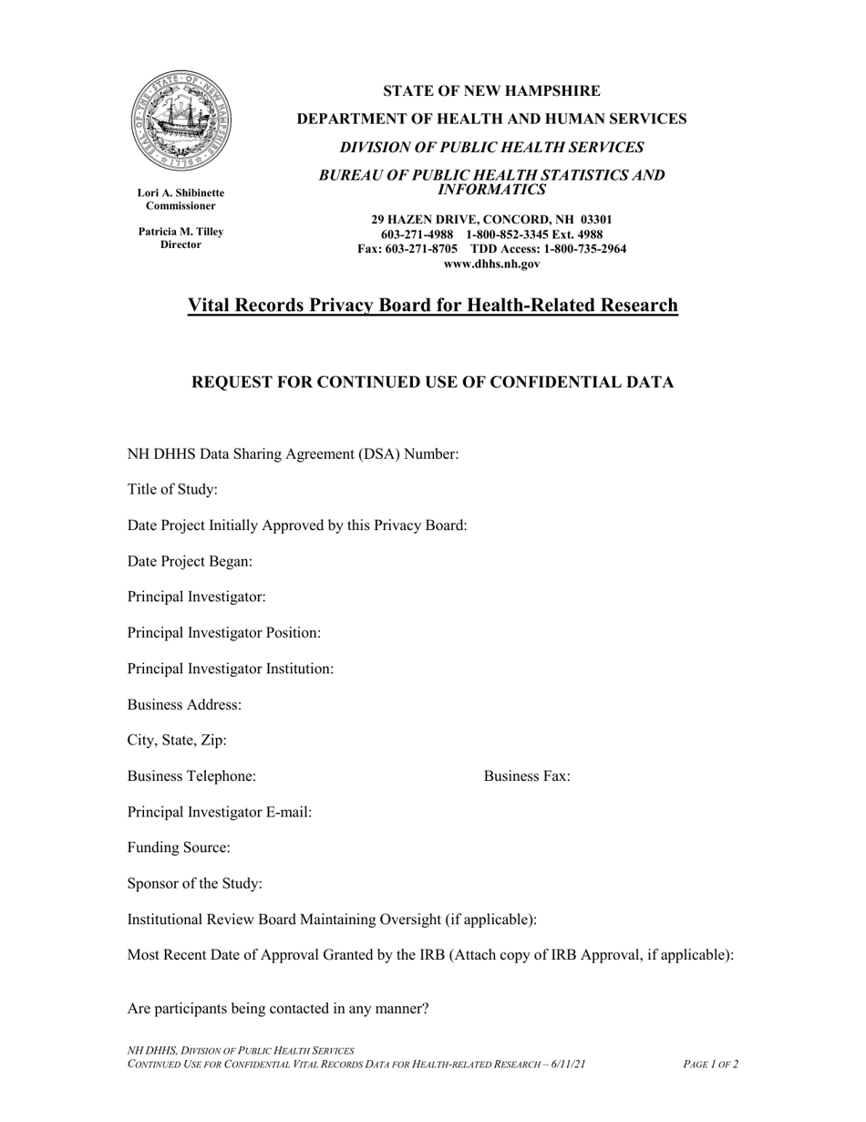 New Hampshire Request for Continued Use of Confidential Data - Fill Out ...