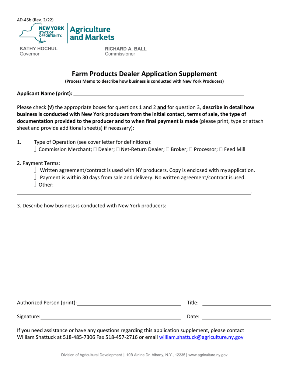 Form AD-45B Download Printable PDF or Fill Online Farm Products Dealer Application Supplement ...