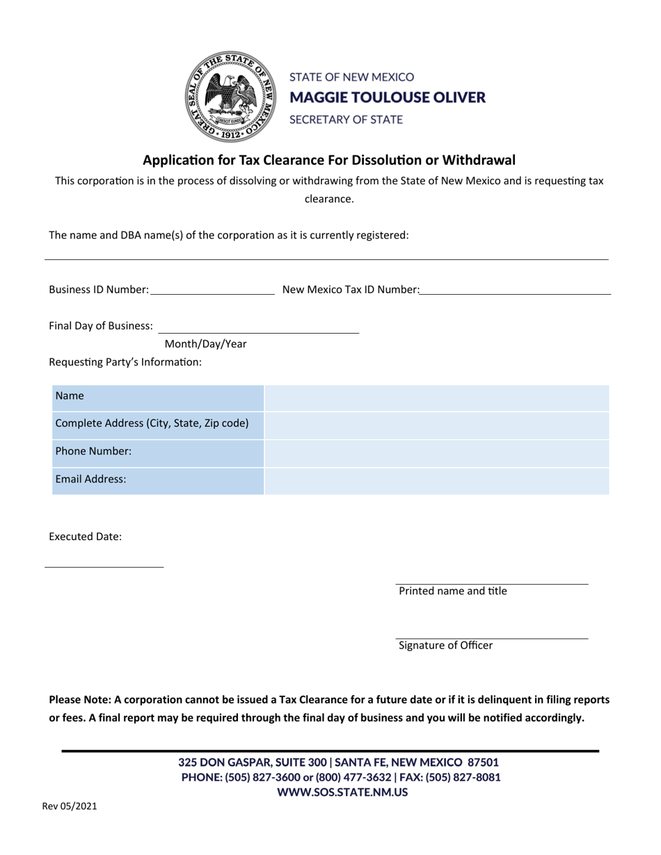 New Mexico Application for Tax Clearance for Dissolution or Withdrawal ...