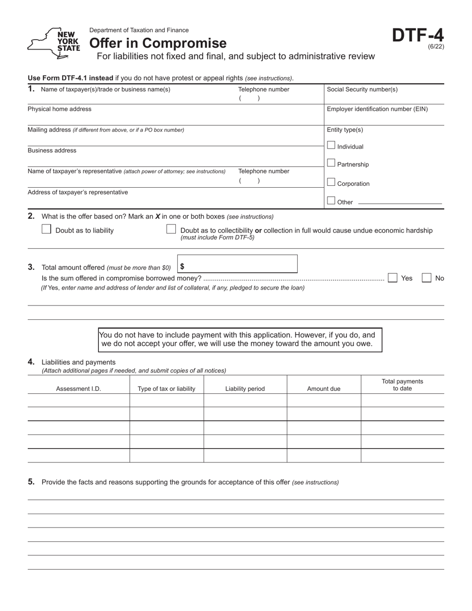 Form DTF-4 Download Fillable PDF or Fill Online Offer in Compromise for ...