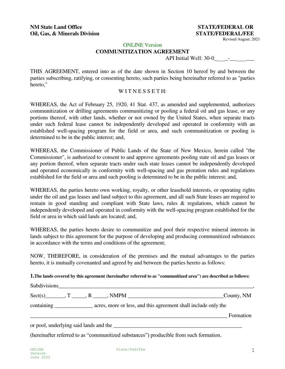 New Mexico Communitization Agreement - State/Federal or State/Federal ...