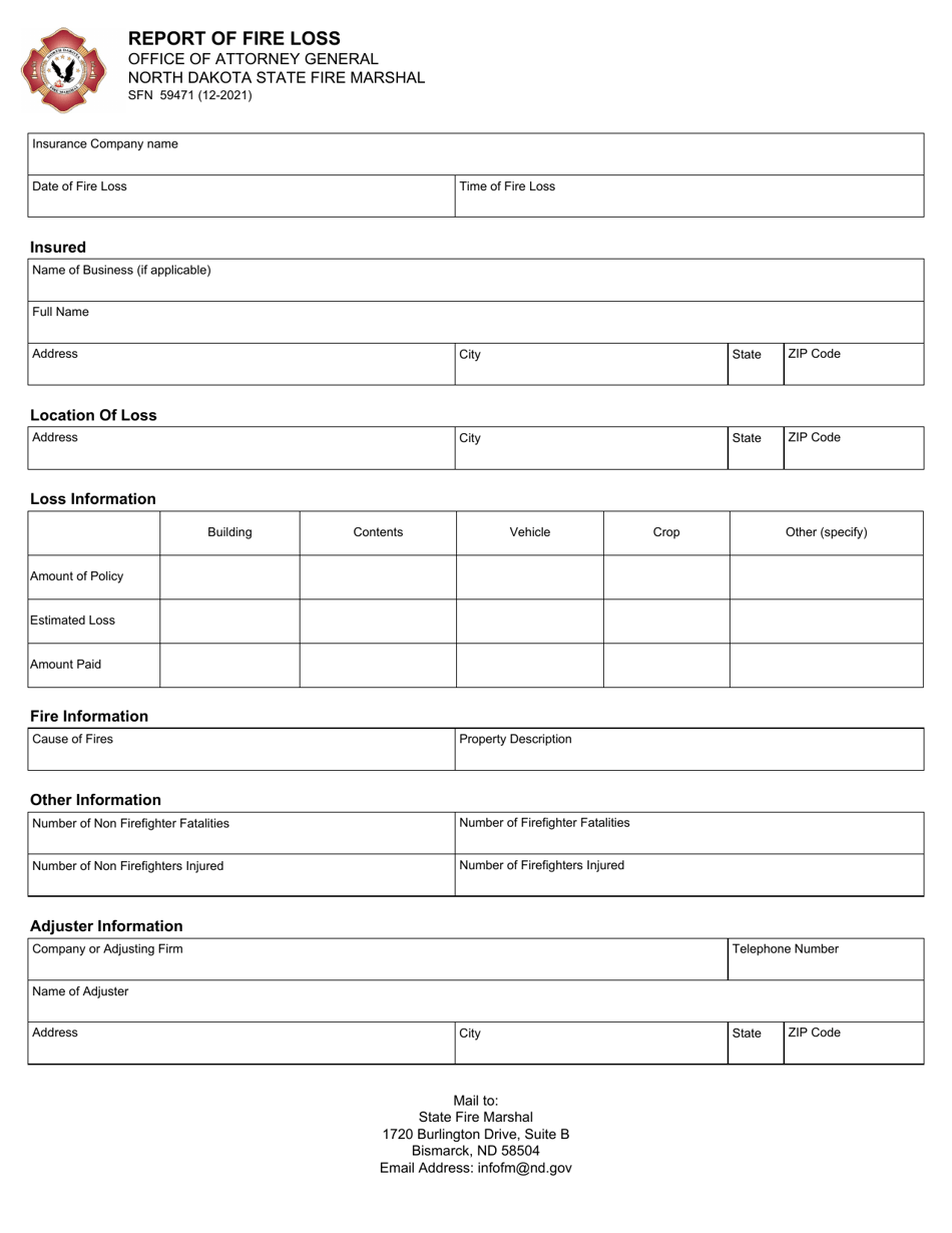 Form SFN59471 Download Fillable PDF or Fill Online Report of Fire Loss ...