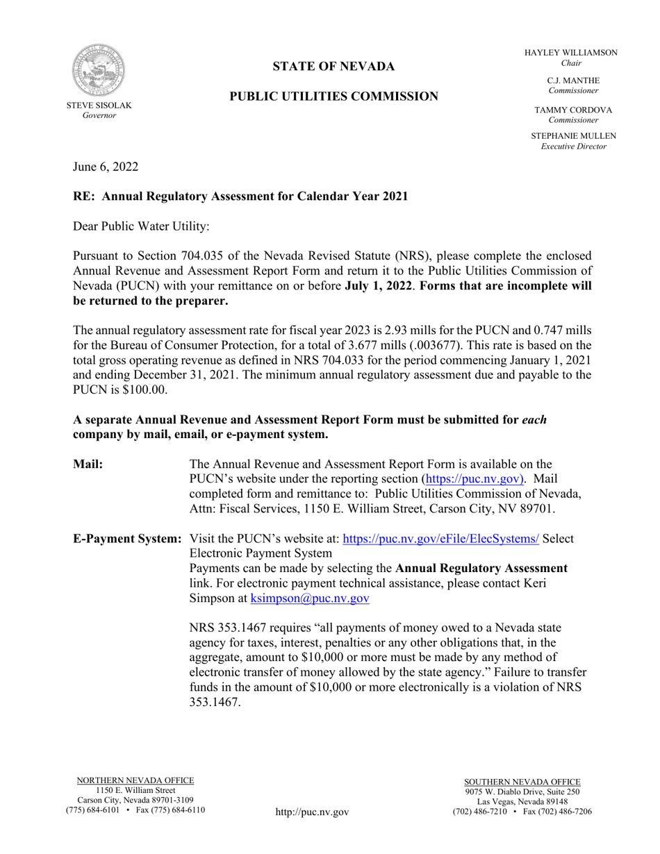 2021 Nevada Annual Revenue and Assessment Report Form - Water - Fill ...