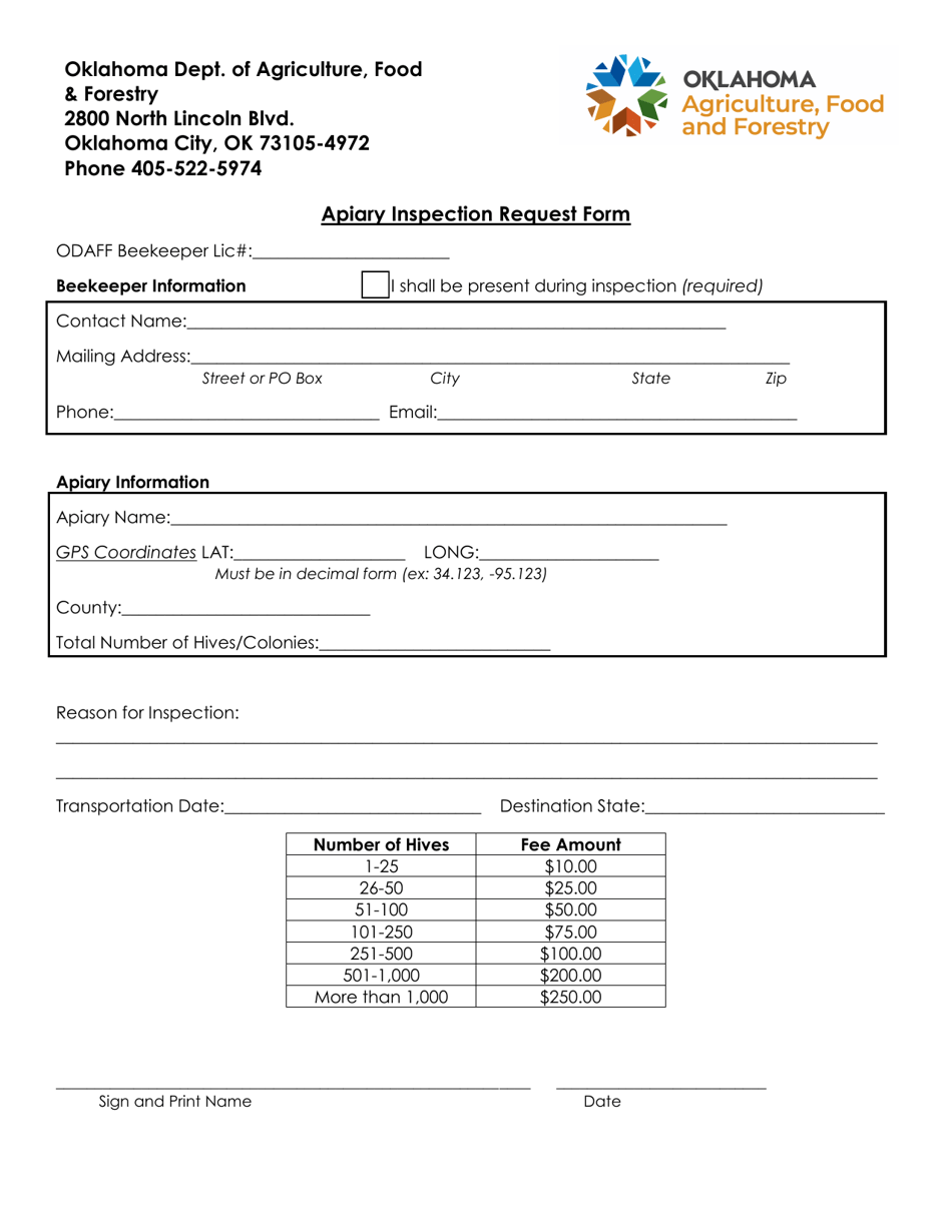 Oklahoma Apiary Inspection Request Form - Fill Out, Sign Online and ...