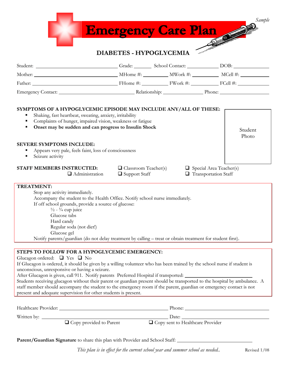 Oklahoma Emergency Care Plan - Diabetes - Hypoglycemia - Fill Out, Sign ...