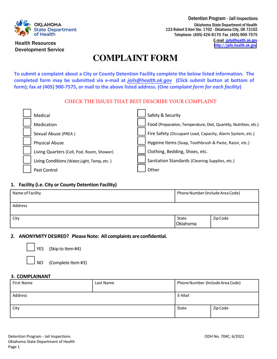 ODH Form 704C - Fill Out, Sign Online and Download Fillable PDF ...