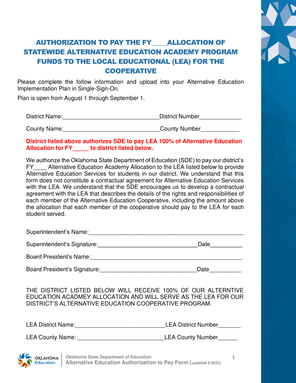 Oklahoma Authorization to Pay Allocation of Statewide Alternative ...