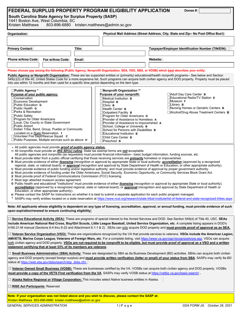 GSA Form JG - Fill Out, Sign Online and Download Fillable PDF, South ...