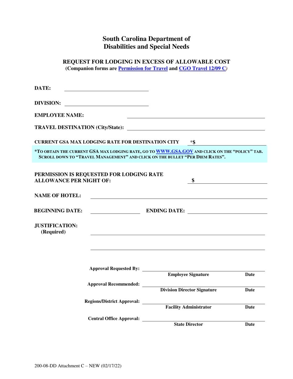 South Carolina Request for Lodging in Excess of Allowable Cost - Fill ...