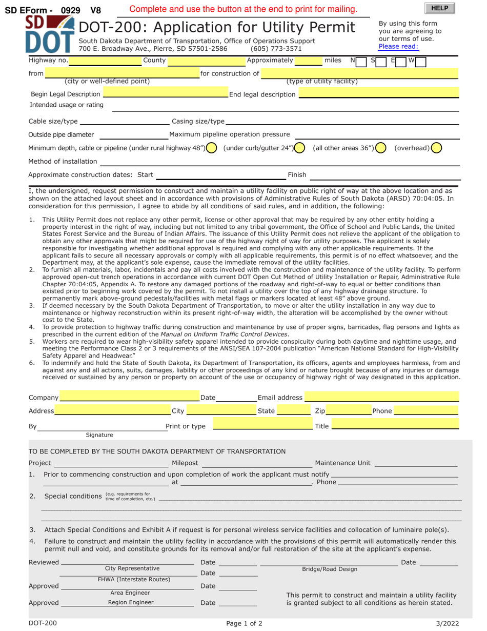 Form DOT-200 (SD Form 0929) - Fill Out, Sign Online and Download ...