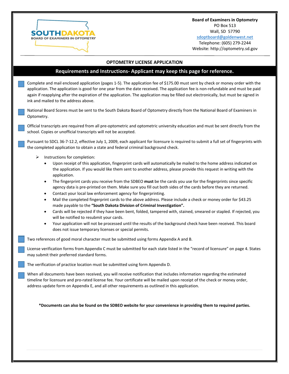 South Dakota Optometry License Application - Fill Out, Sign Online and ...