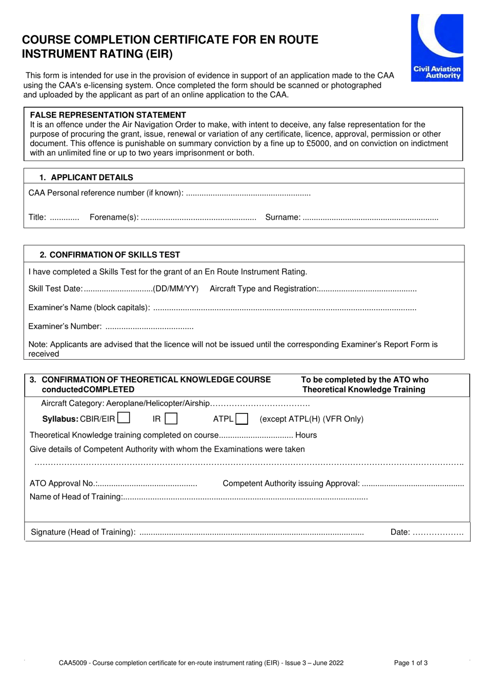 Form CAA5009 Download Fillable PDF or Fill Online Course Completion ...