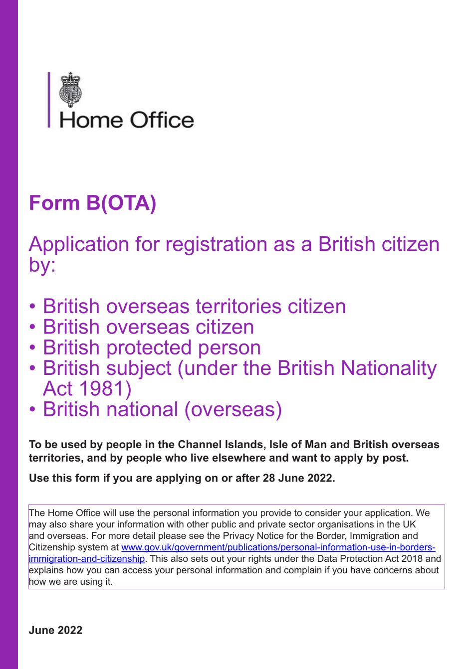 Form B(OTA) Download Printable PDF or Fill Online Application for ...
