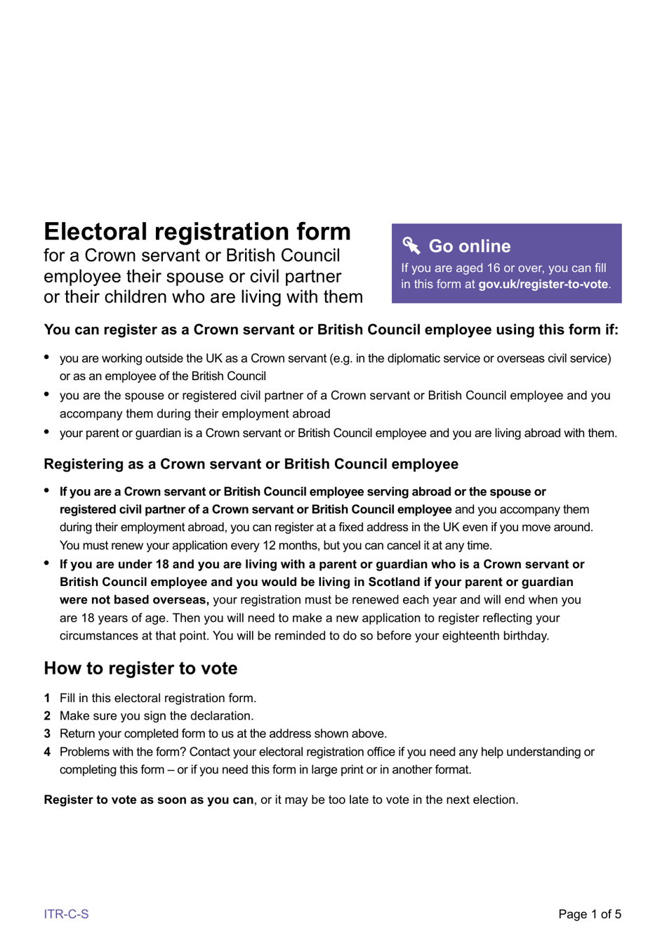 United Kingdom Electoral Registration Form for a Crown Servant or British Council Employee ...
