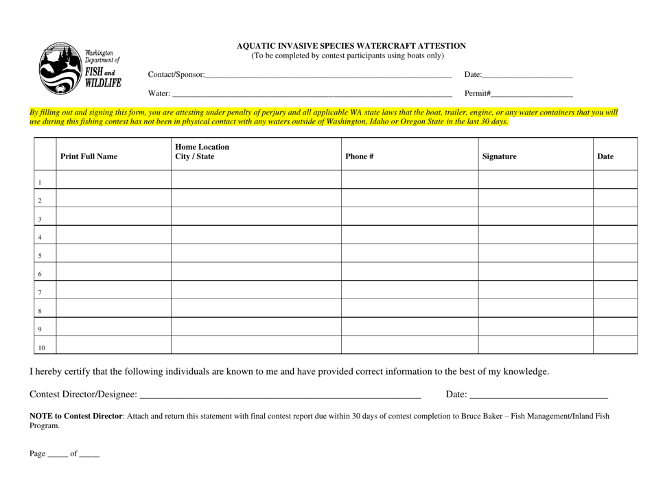 Washington Aquatic Invasive Species Watercraft Attestion - Fill Out ...