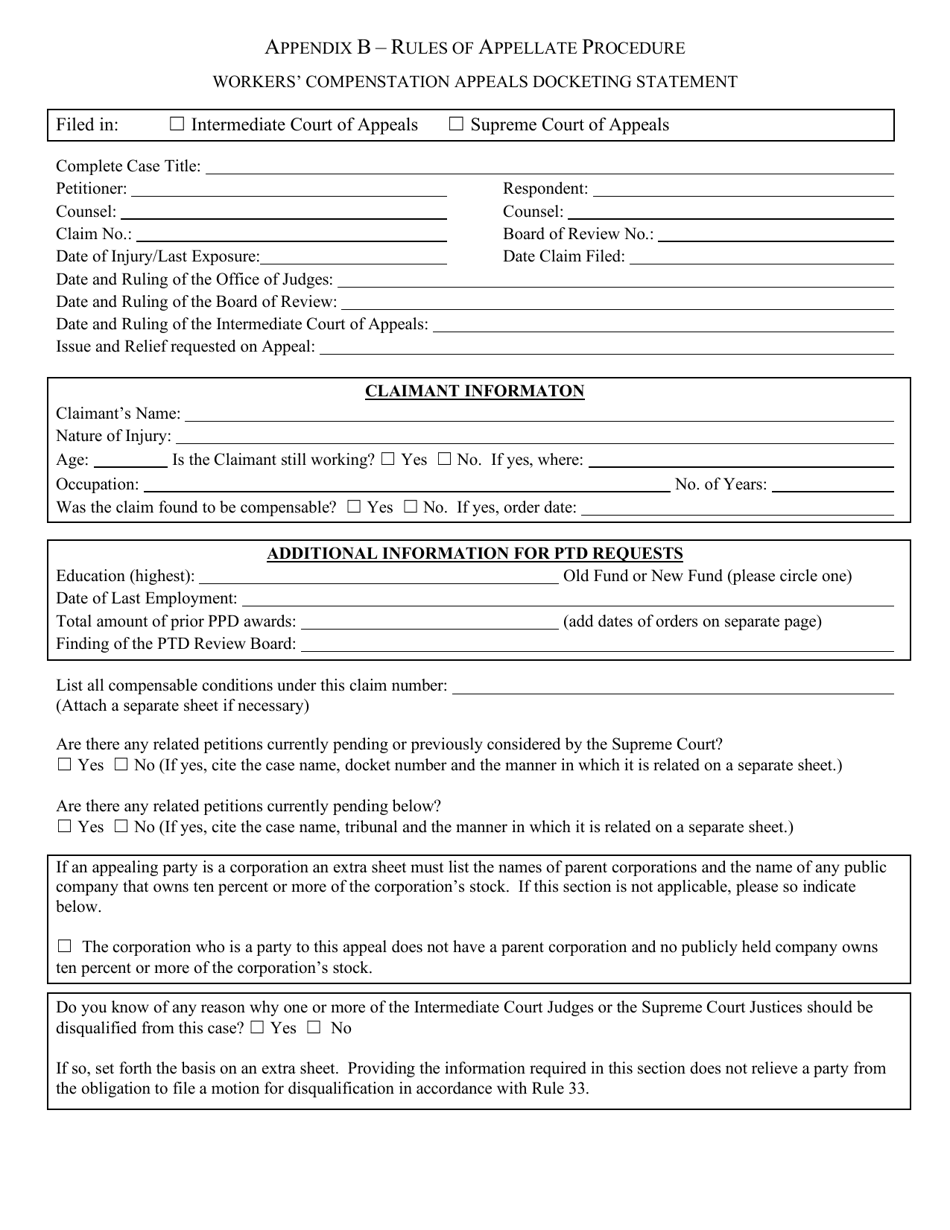 West Virginia Workers' Compenstation Appeals Docketing Statement - Fill ...