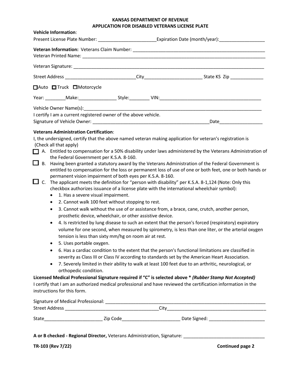 Form TR-103 Download Fillable PDF or Fill Online Application for ...