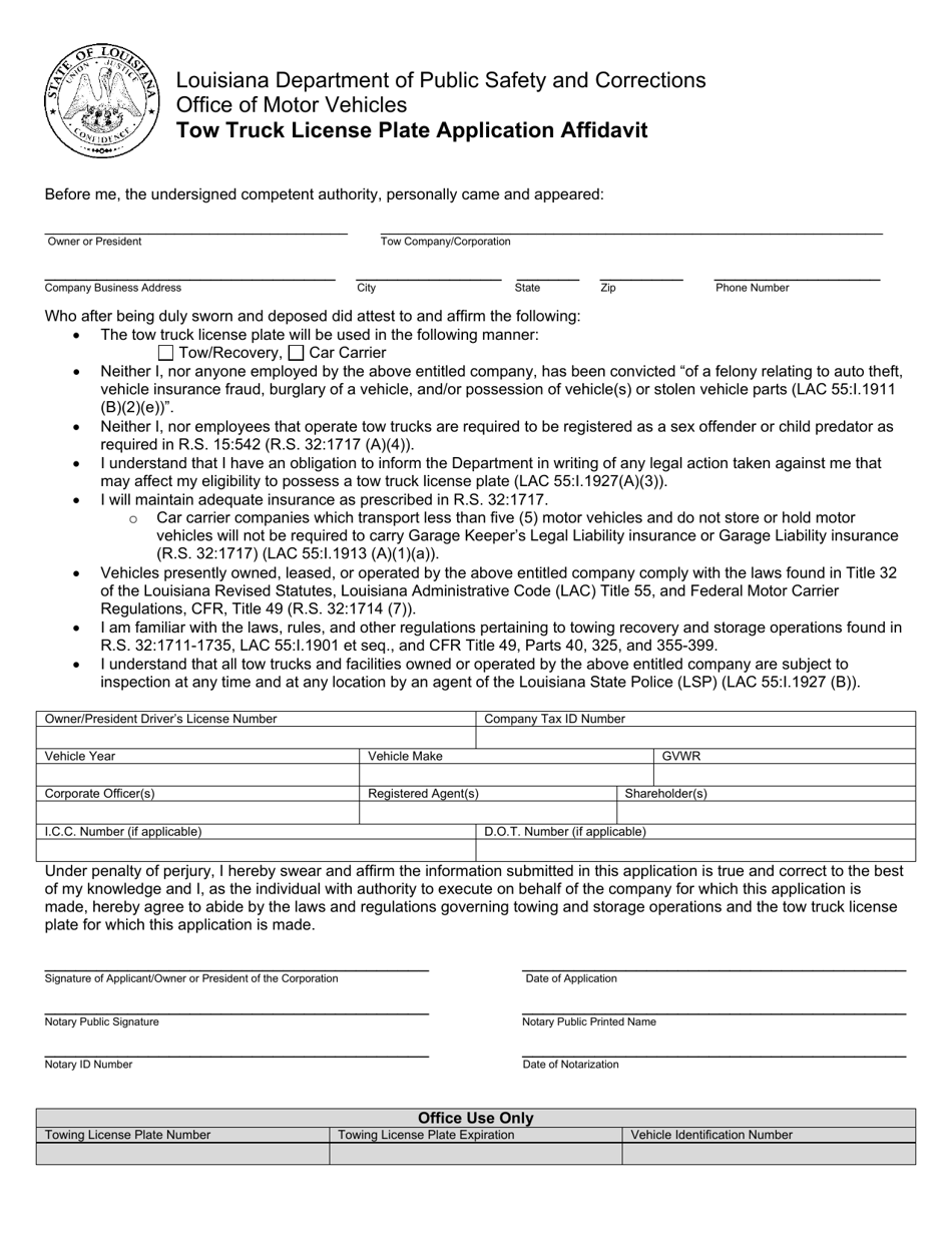 Louisiana Tow Truck License Plate Application Affidavit - Fill Out ...