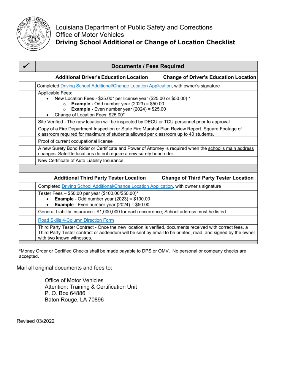Louisiana Driving School Additional or Change of Location Checklist ...