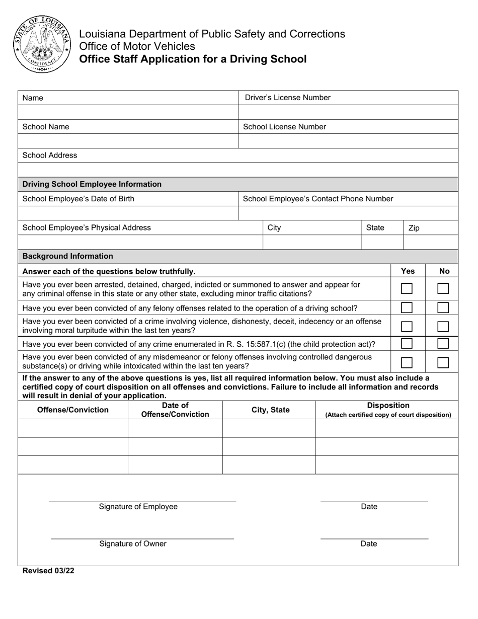 Louisiana Office Staff Application for a Driving School - Fill Out, Sign Online and Download PDF ...
