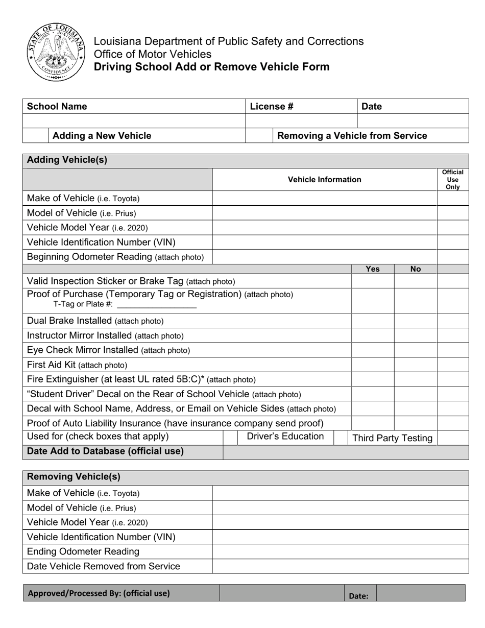 Louisiana Driving School Add or Remove Vehicle Form - Fill Out, Sign ...
