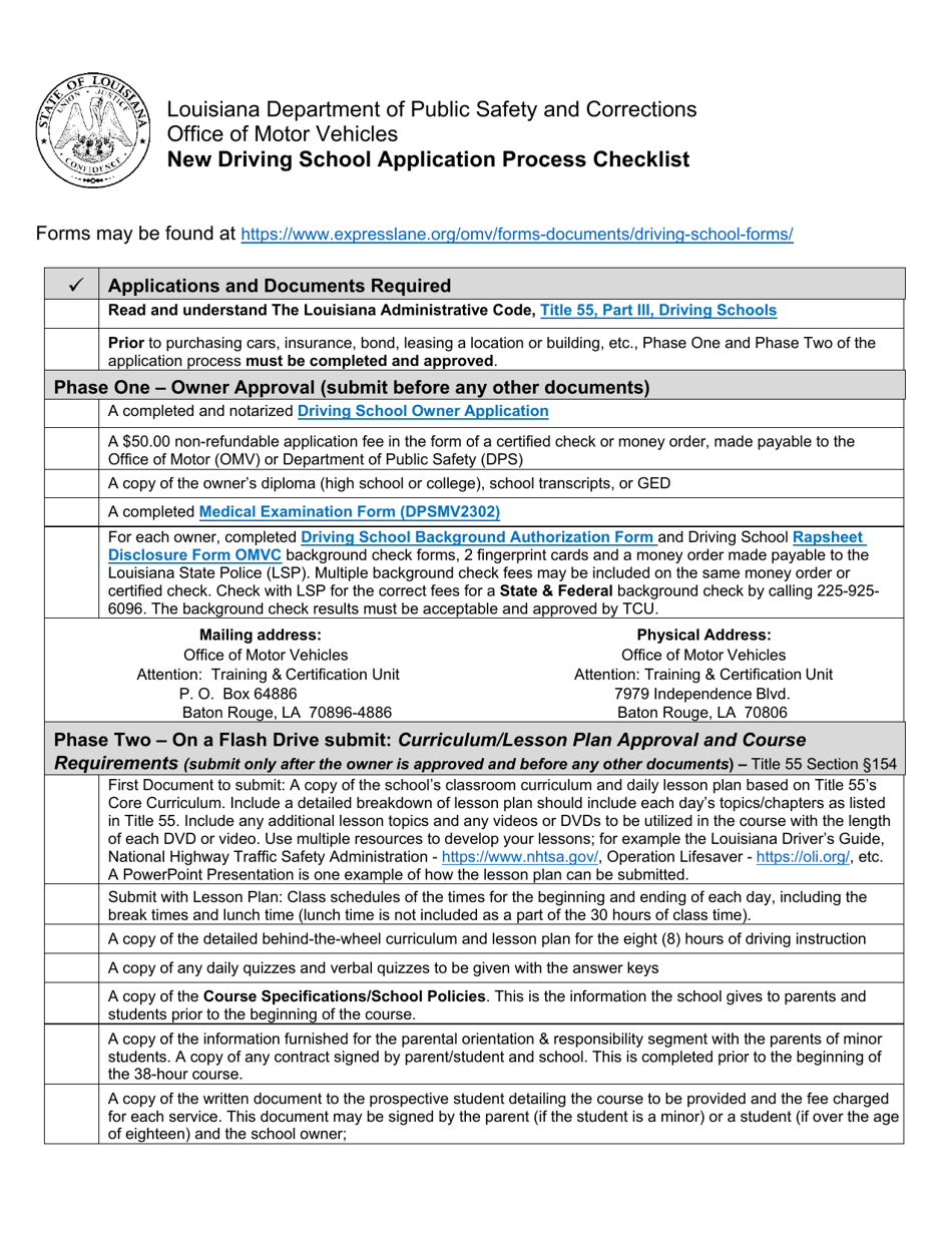 Louisiana New Driving School Application Process Checklist - Fill Out ...