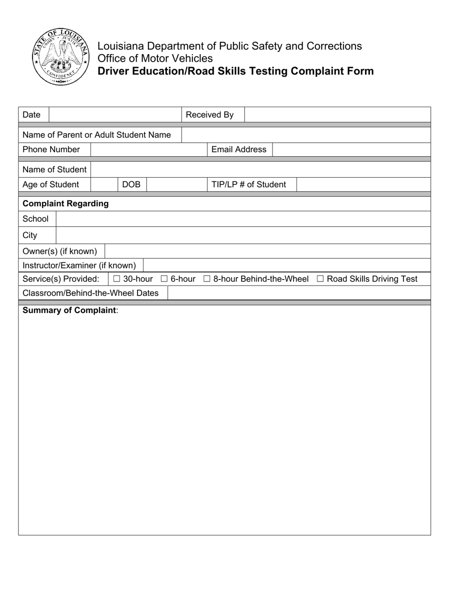 Louisiana Driver Education/Road Skills Testing Complaint Form - Fill ...