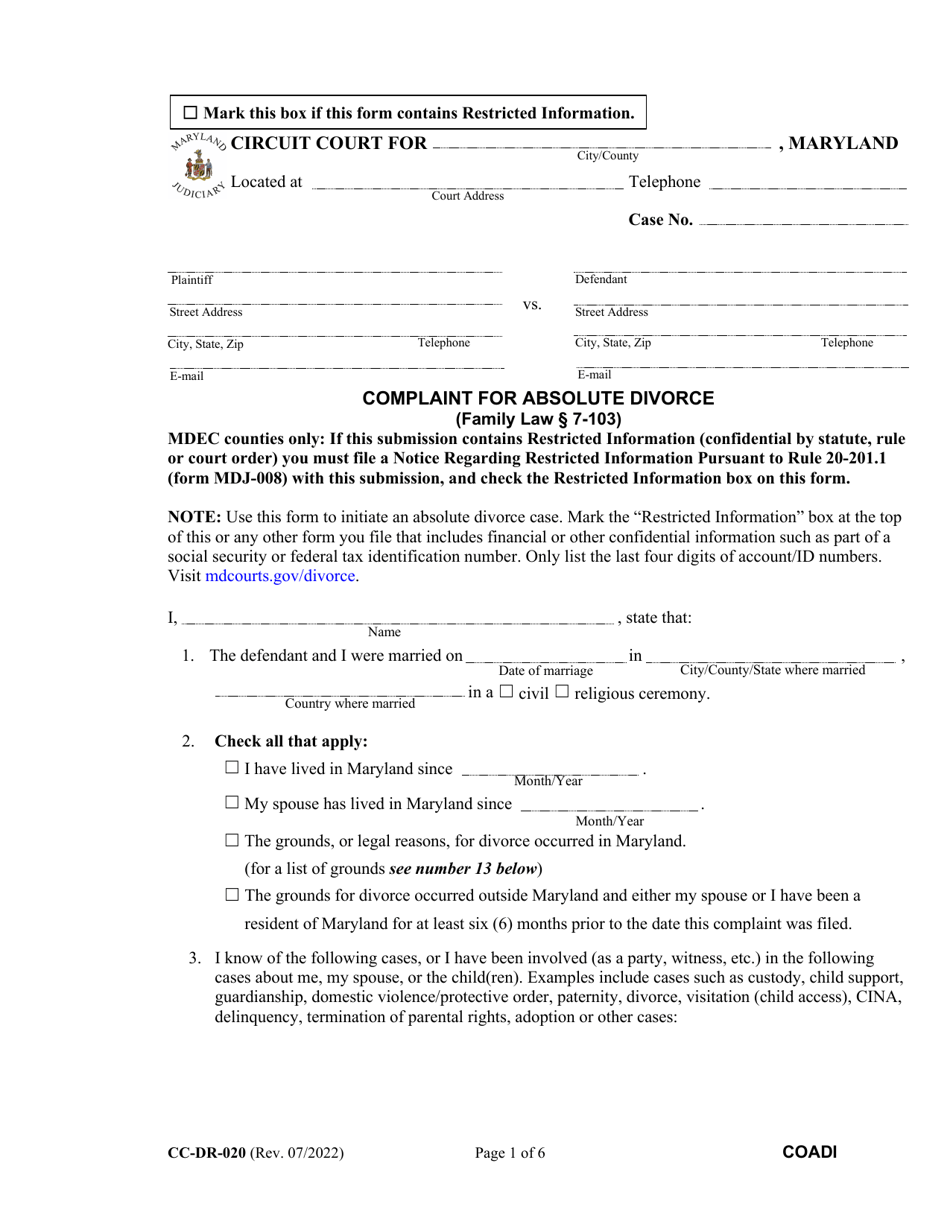 Form CC-DR-020 Download Fillable PDF or Fill Online Complaint for Absolute Divorce, Maryland ...