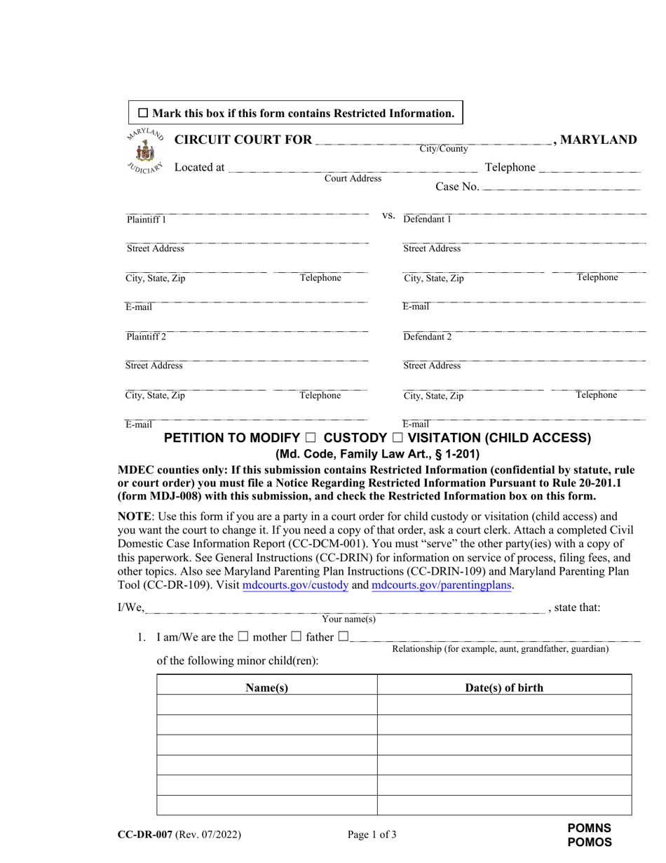 Form CC-DR-007 Download Fillable PDF or Fill Online Petition to Modify ...