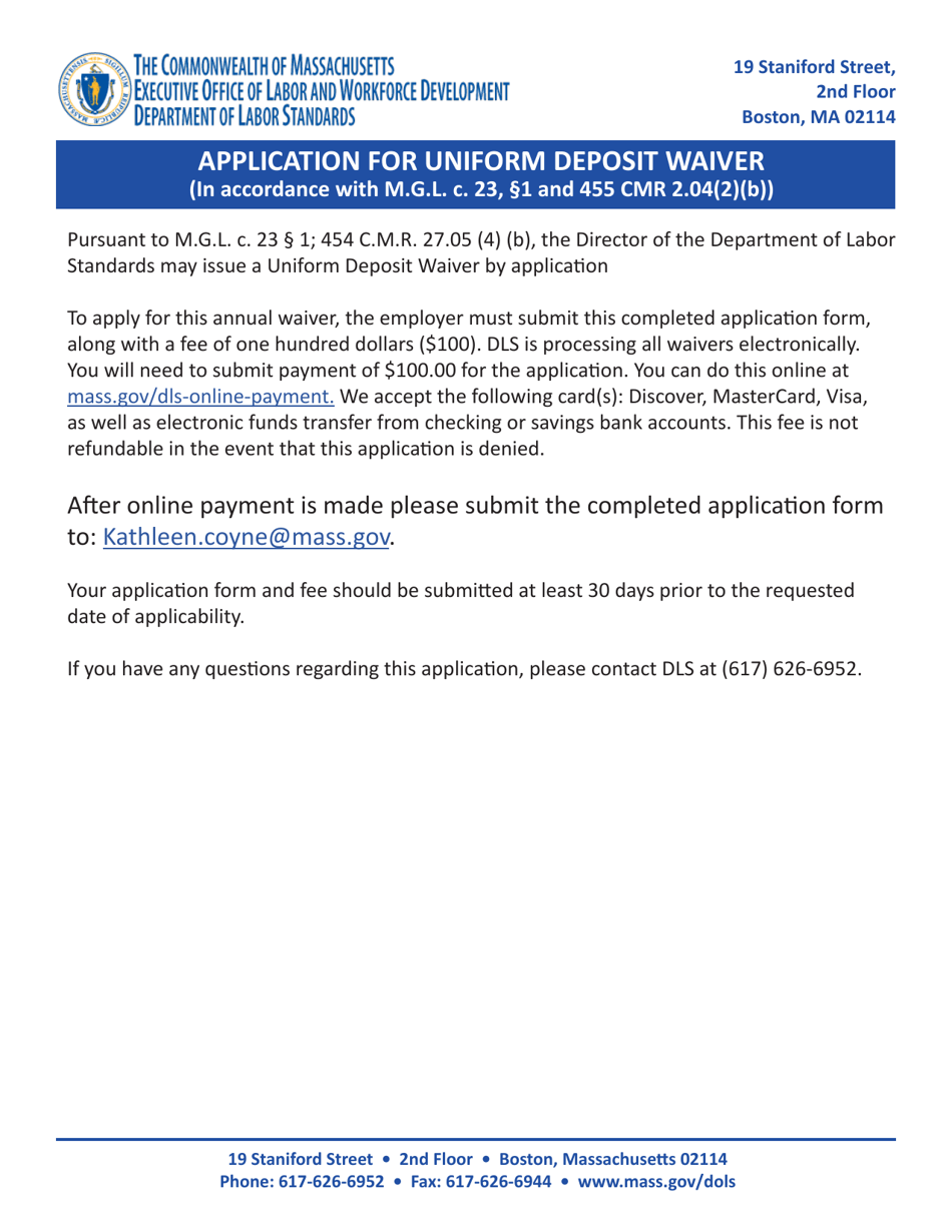 Massachusetts Application for Uniform Deposit Waiver - Fill Out, Sign ...