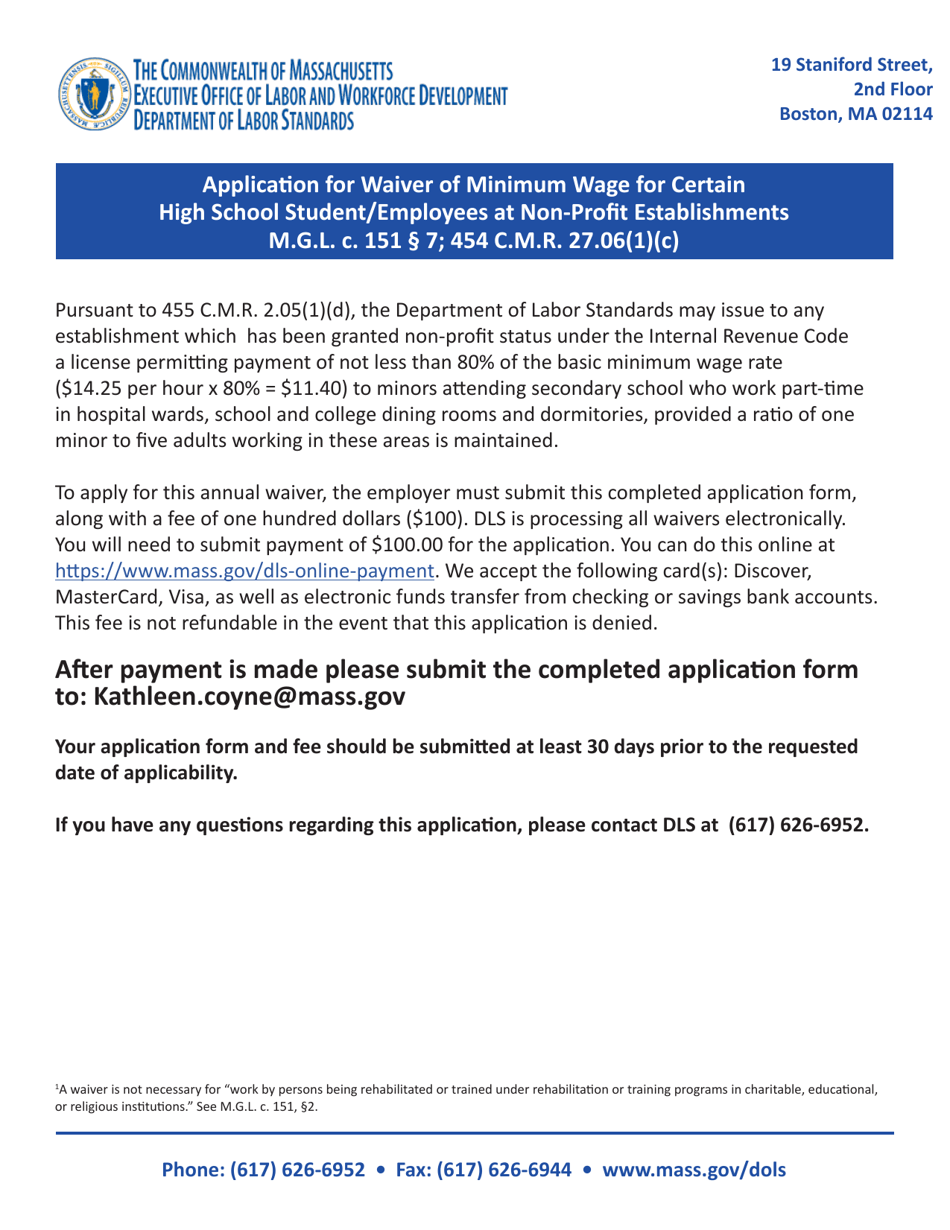 Massachusetts Application for Waiver of Minimum Wage for Certain High ...