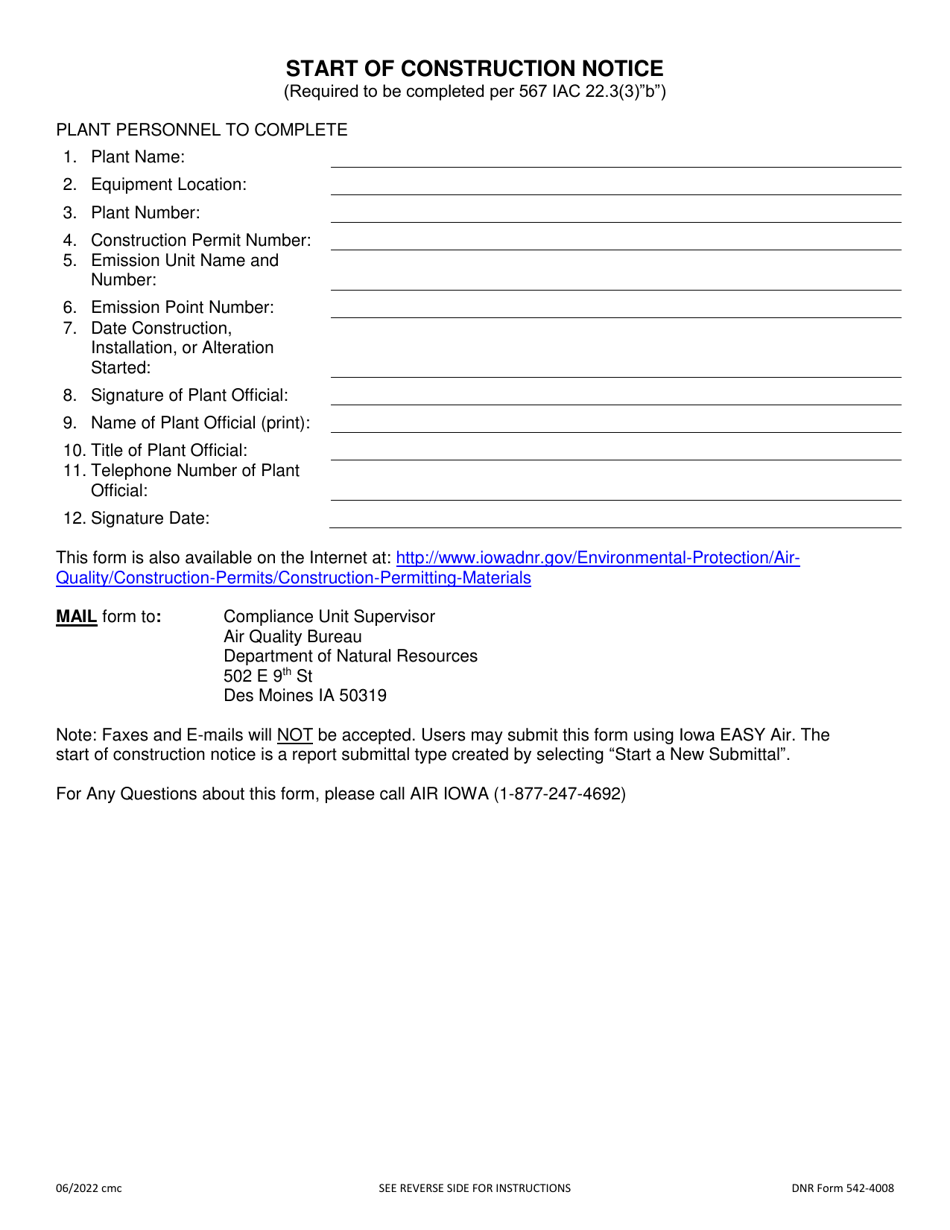 DNR Form 542-4008 Download Fillable PDF or Fill Online Start of ...