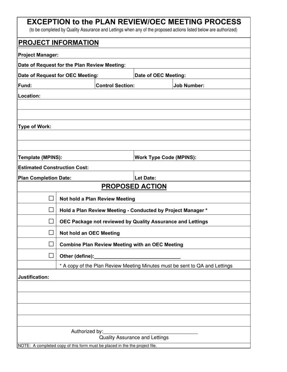 Michigan Exception to the Plan Review/Oec Meeting Process - Fill Out ...