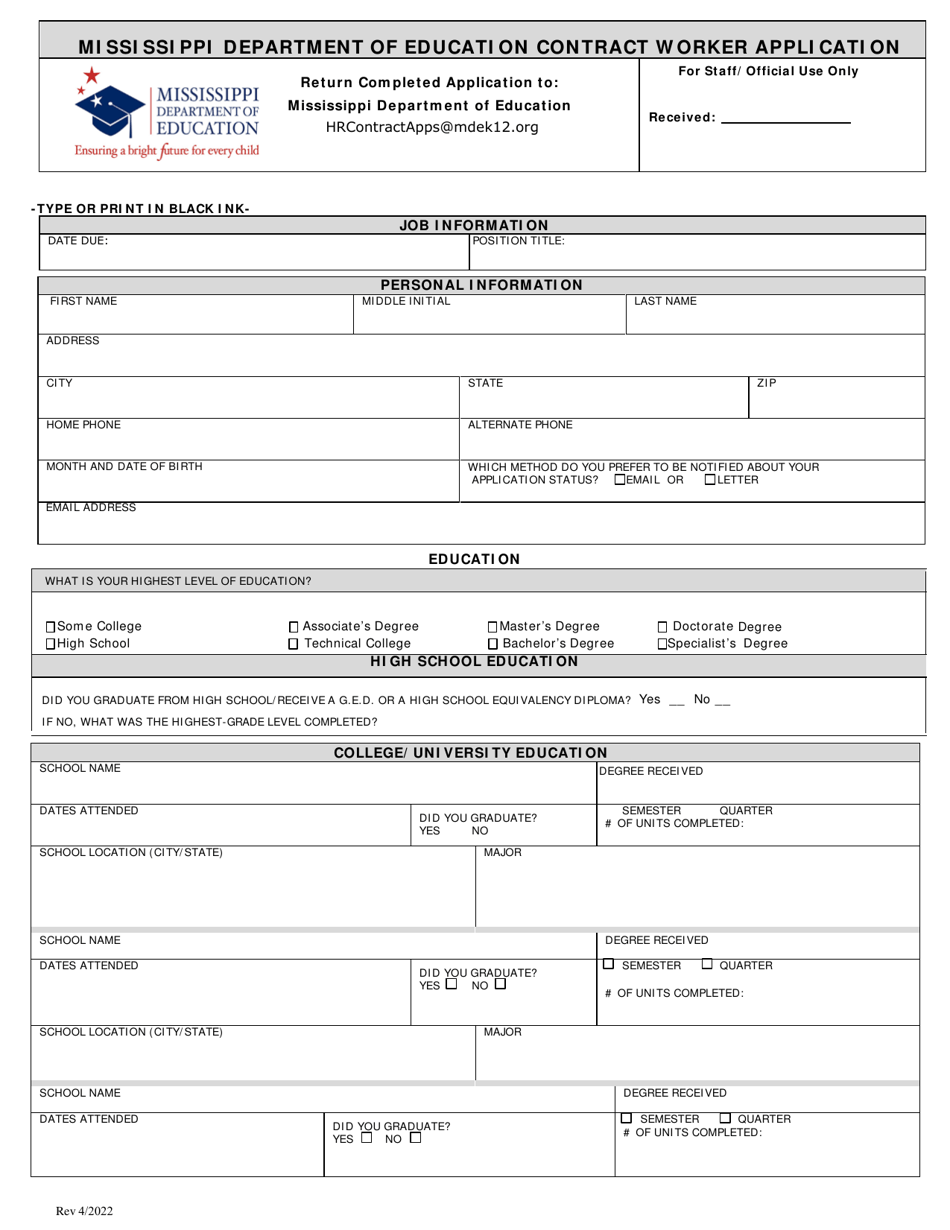 Mississippi Contract Worker Application - Fill Out, Sign Online and ...