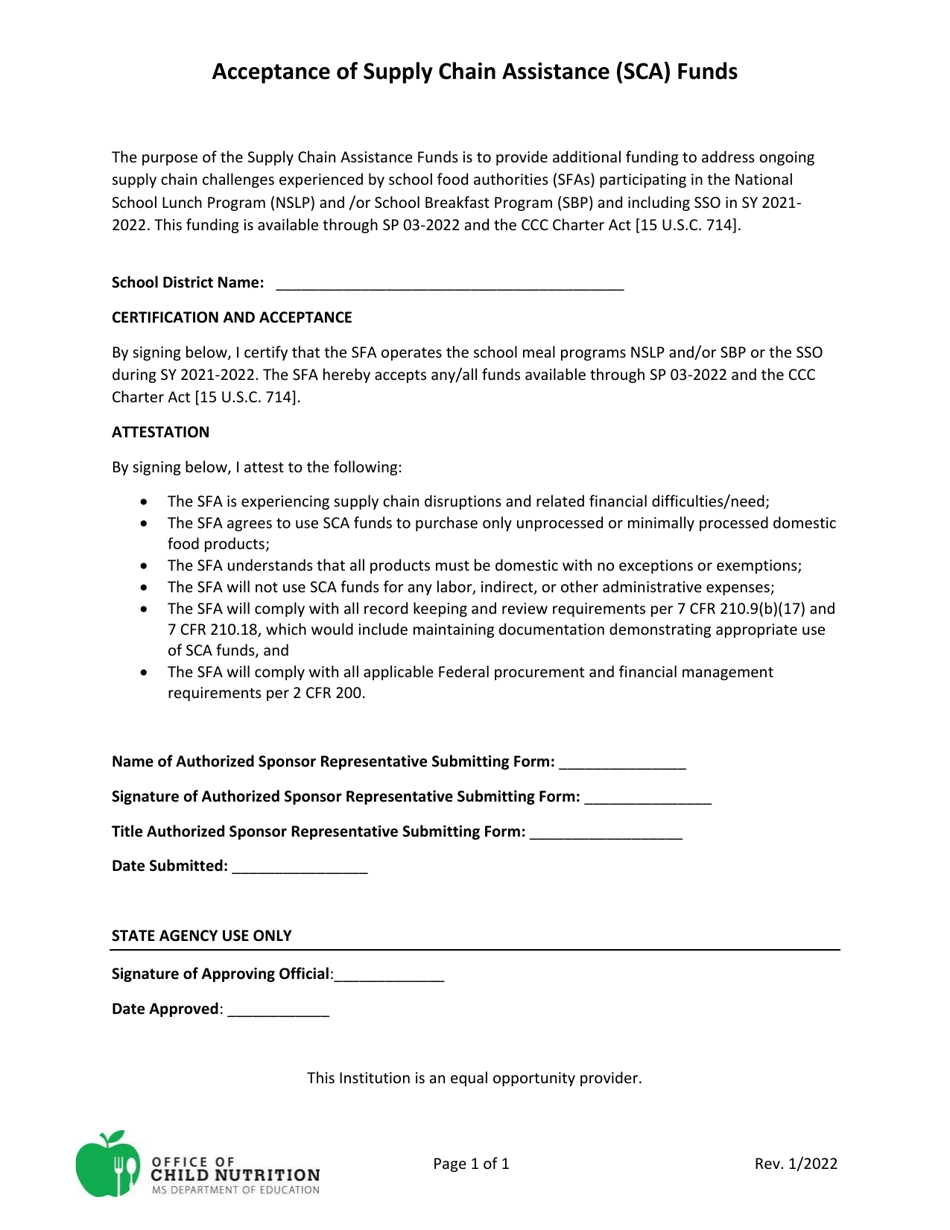 Mississippi Acceptance of Supply Chain Assistance (Sca) Funds - Fill Out, Sign Online and ...