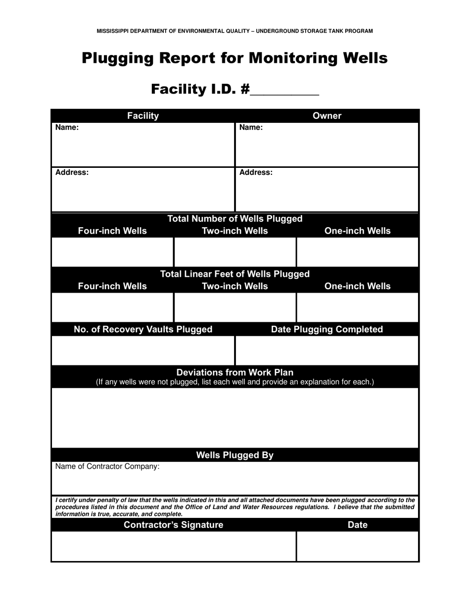 Mississippi Plugging Report for Monitoring Wells - Underground Storage ...