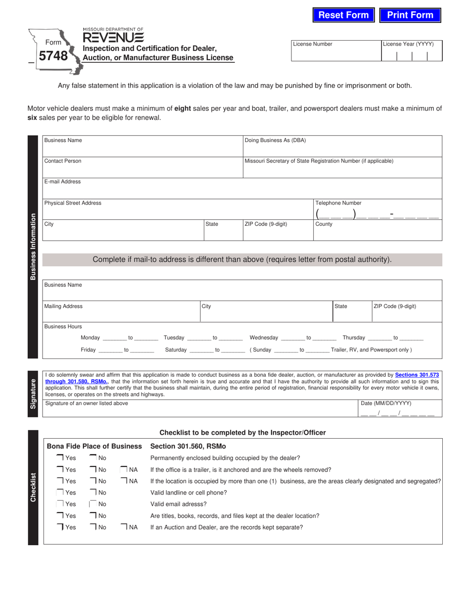 Form 5748 - Fill Out, Sign Online and Download Fillable PDF, Missouri ...