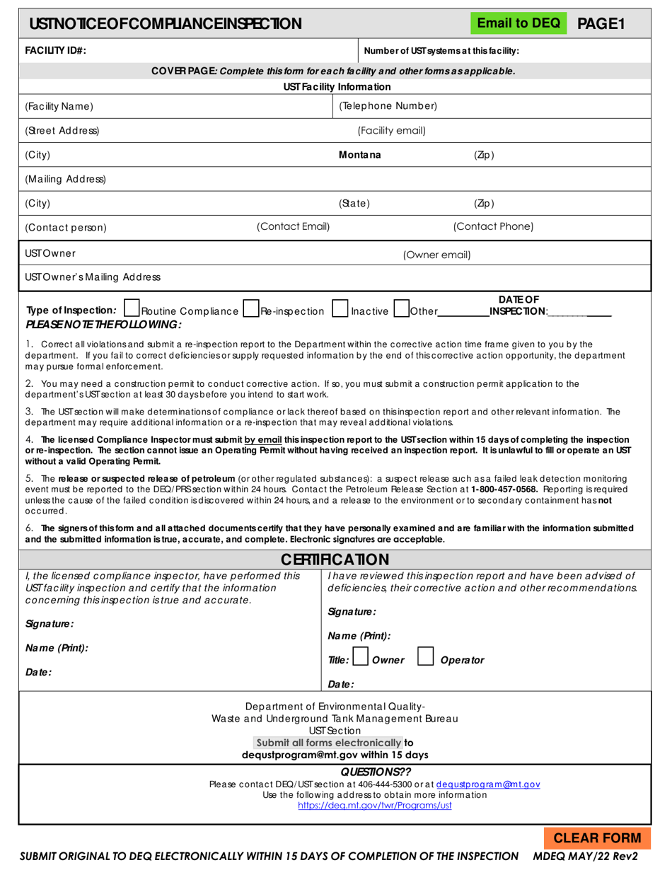 Montana Ust Compliance Inspection Form for up to 5 Tanks - Fill Out ...