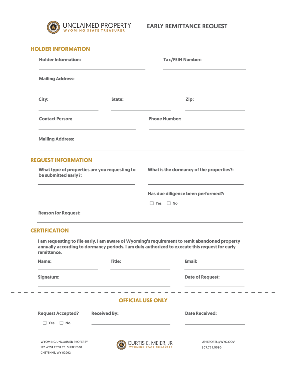 Wyoming Early Remittance Request - Fill Out, Sign Online and Download ...