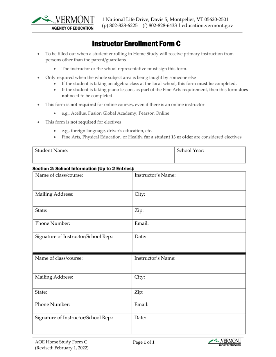 Form C Download Printable PDF or Fill Online Instructor Enrollment Form ...