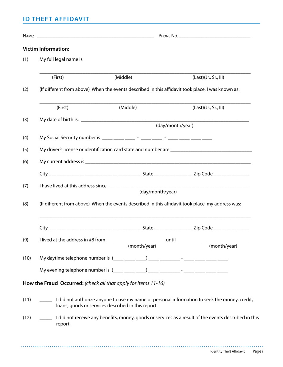 Virginia Id Theft Affidavit - Fill Out, Sign Online and Download PDF ...