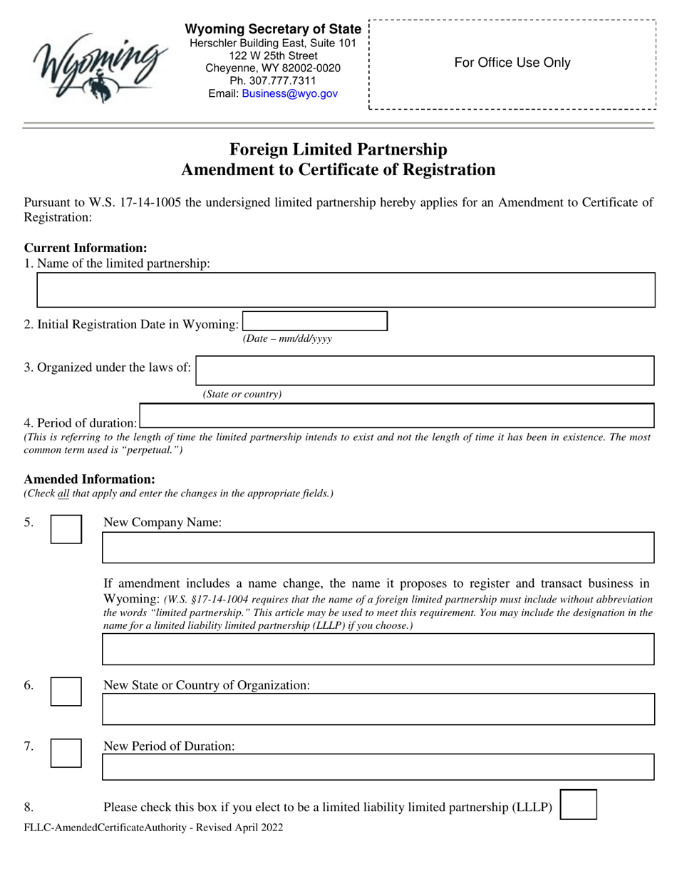 Wyoming Foreign Limited Partnership Amendment to Certificate of ...