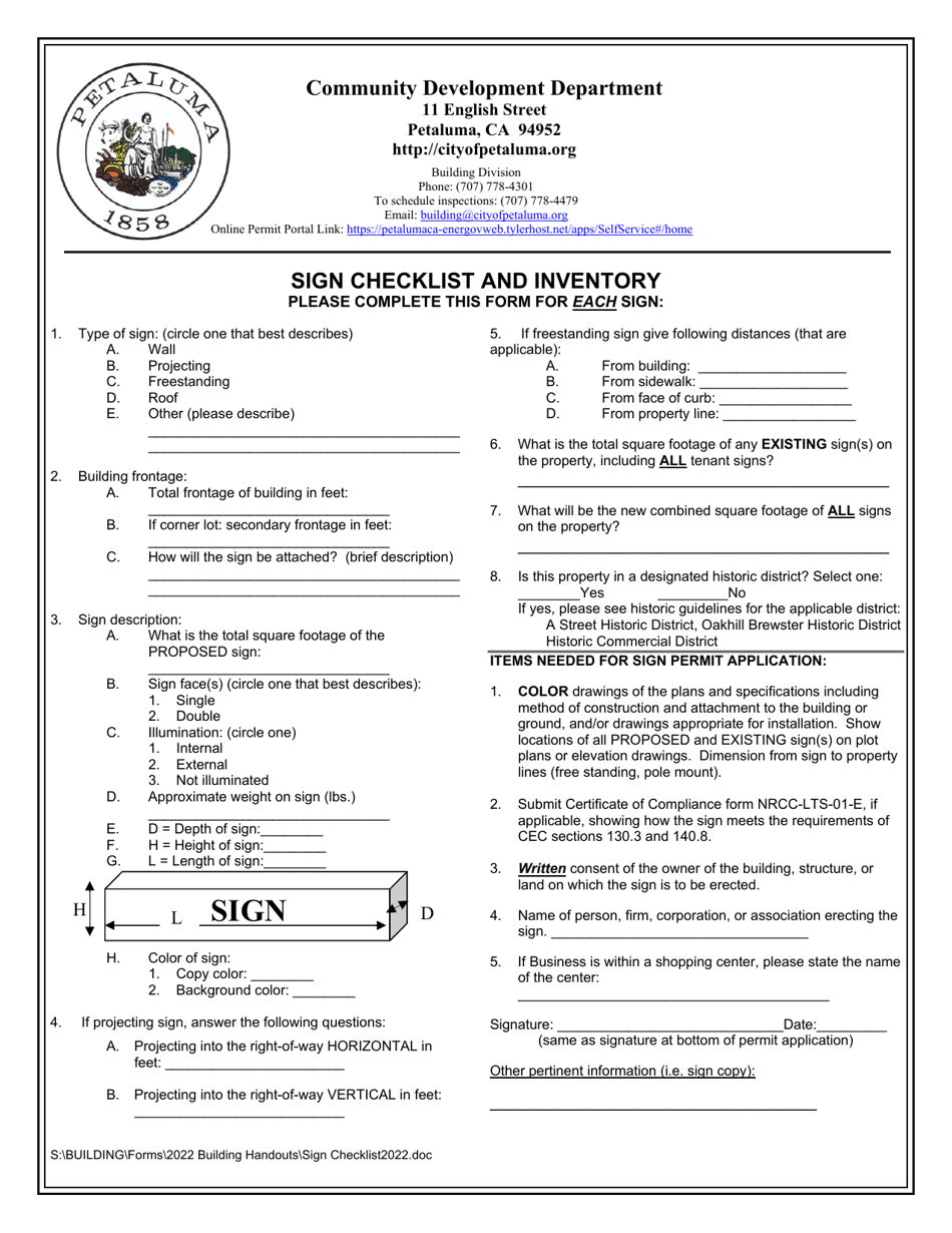 County of Petaluma, California Sign Checklist and Inventory - Fill Out ...