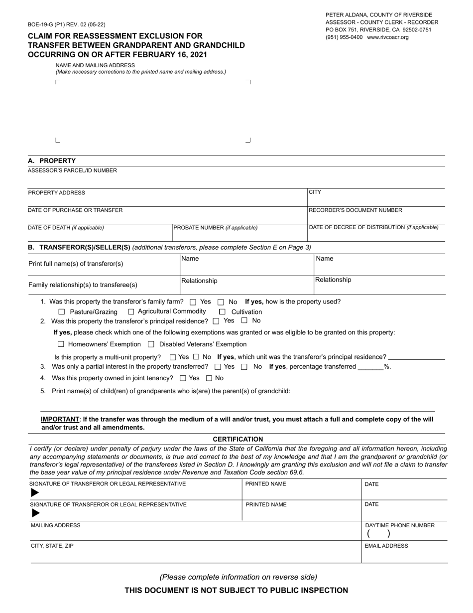 Form BOE-19-G - Fill Out, Sign Online and Download Fillable PDF, County ...