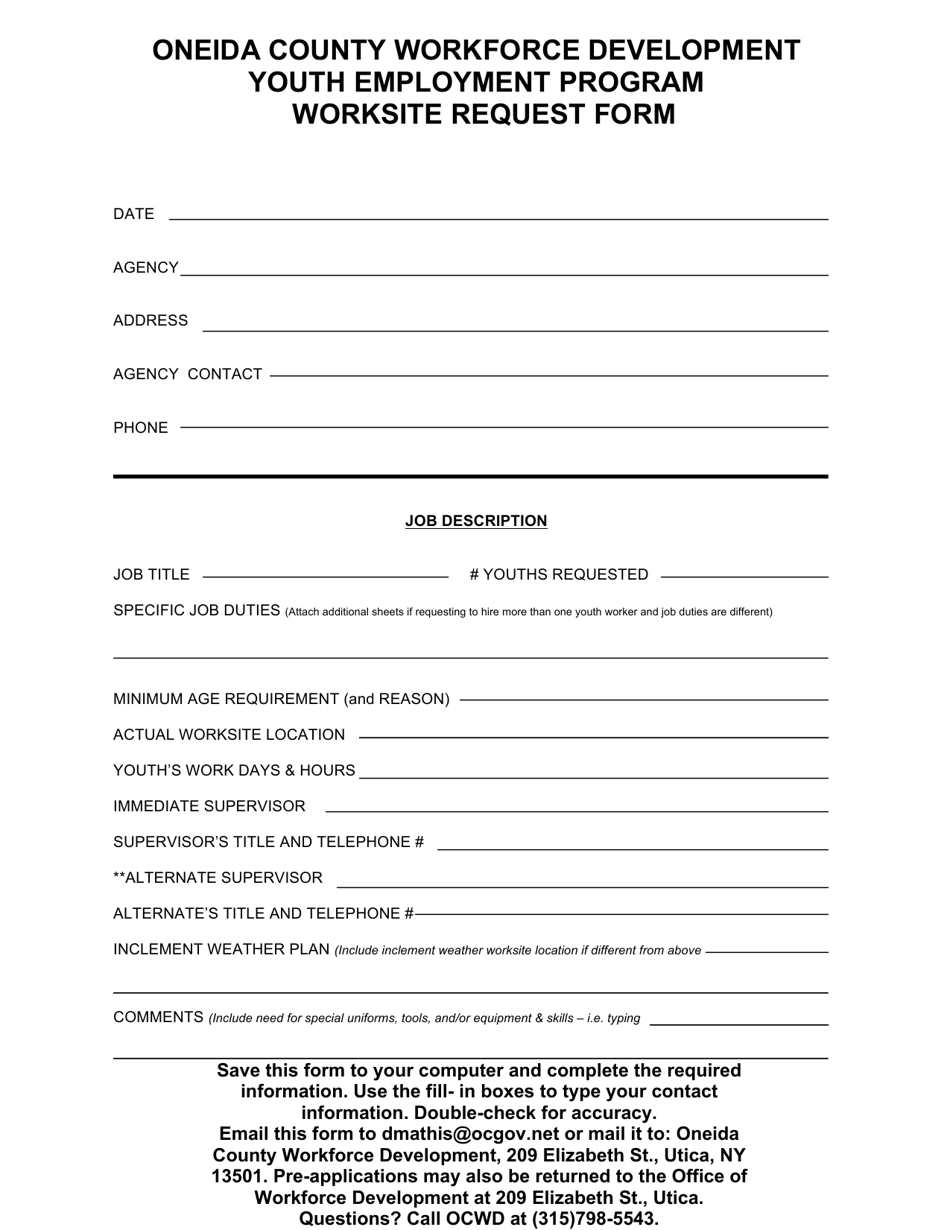 Oneida County, New York Worksite Request Form - Youth Employment ...