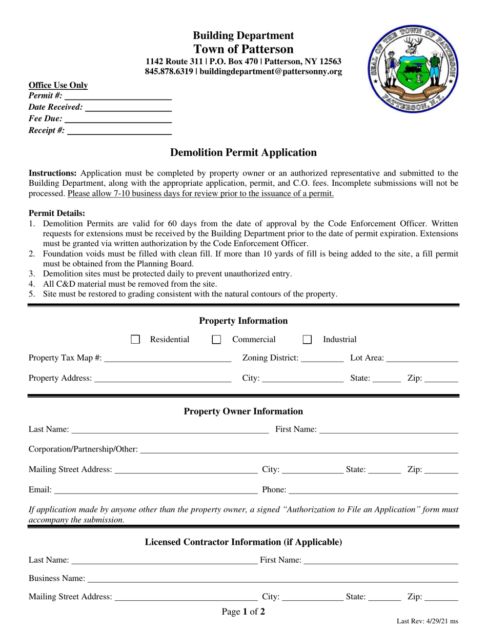 Town of Patterson, New York Demolition Permit Application - Fill Out ...
