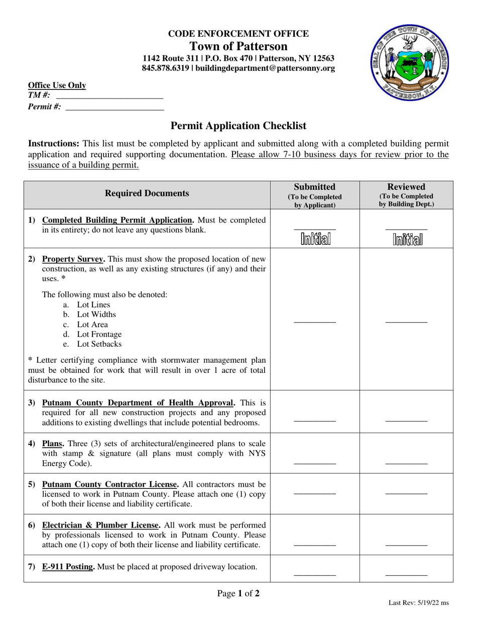 Town of Patterson, New York Permit Application Checklist - Fill Out ...