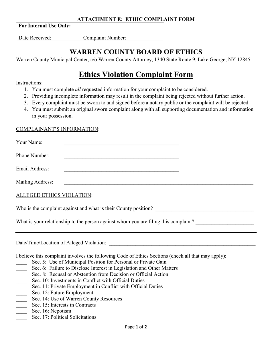 Warren County, New York Ethics Violation Complaint Form - Fill Out ...