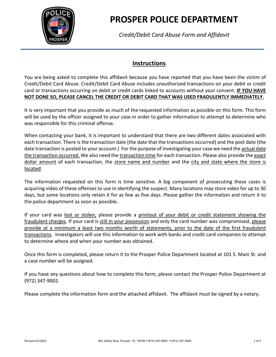 Town of Prosper, Texas Credit/Debit Card Abuse Form and Affidavit ...