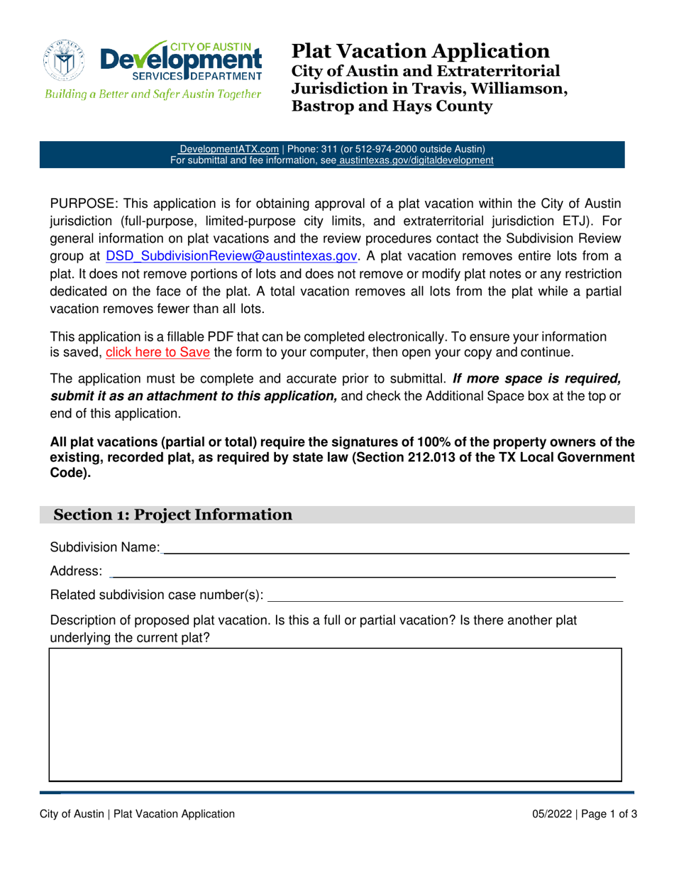 City of Austin, Texas Plat Vacation Application - City of Austin and Extraterritorial ...